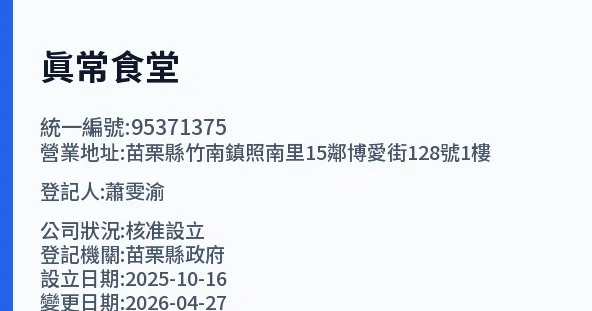 眞常食堂的照片-統編 95371375(苗栗縣) 公司登記資料與營業項目詳細圖表