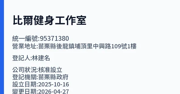 比爾健身工作室的照片-統編 95371380(苗栗縣) 公司登記資料與營業項目詳細圖表