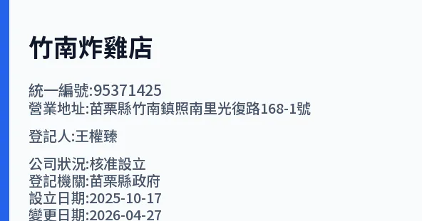 竹南炸雞店的照片-統編 95371425(苗栗縣) 公司登記資料與營業項目詳細圖表