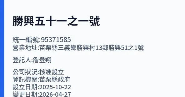 勝興五十一之一號的照片-統編 95371585(苗栗縣) 公司登記資料與營業項目詳細圖表
