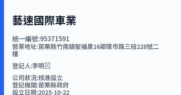 藝速國際車業的照片-統編 95371591(苗栗縣) 公司登記資料與營業項目詳細圖表