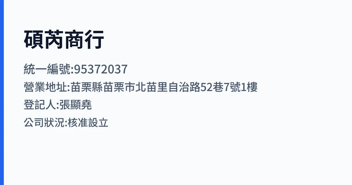碩芮商行 - 統編 95372037(苗栗縣) 公司登記資料與營業項目詳細圖表
