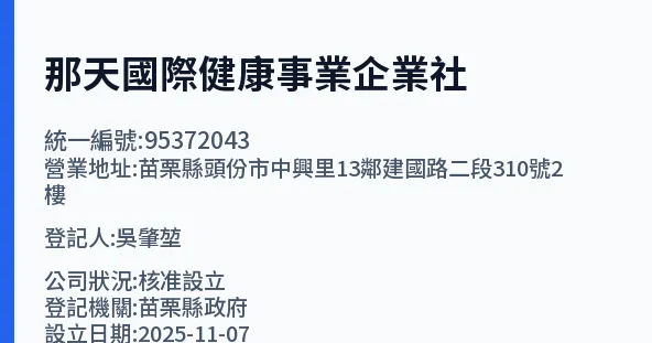 那天國際健康事業企業社的照片-統編 95372043(苗栗縣) 公司登記資料與營業項目詳細圖表