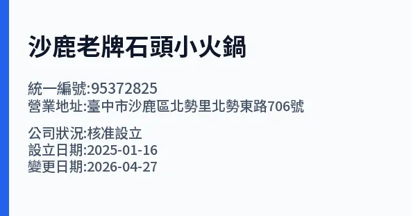 沙鹿老牌石頭小火鍋的照片-統編 95372825(臺中市) 公司登記資料與營業項目詳細圖表