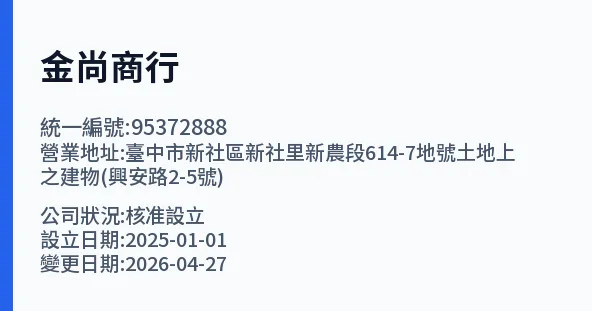 金尚商行的照片-統編 95372888(臺中市) 公司登記資料與營業項目詳細圖表