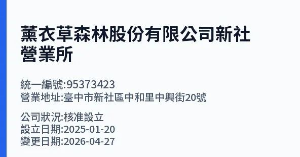 薰衣草森林股份有限公司新社營業所的照片-統編 95373423(臺中市) 公司登記資料與營業項目詳細圖表