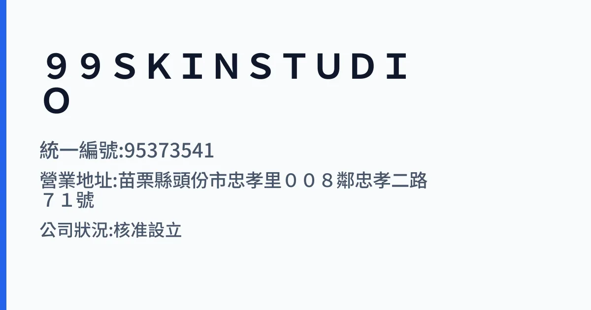 ９９ＳＫＩＮＳＴＵＤＩＯ - 統編 95373541(苗栗縣) 公司登記資料與營業項目詳細圖表