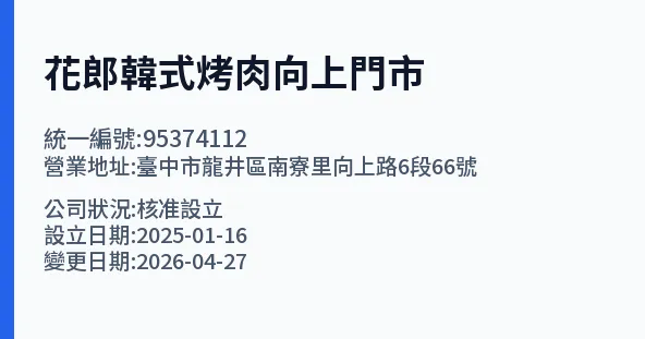 花郎韓式烤肉向上門市的照片-統編 95374112(臺中市) 公司登記資料與營業項目詳細圖表