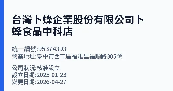 台灣卜蜂企業股份有限公司卜蜂食品中科店的照片-統編 95374393(臺中市) 公司登記資料與營業項目詳細圖表