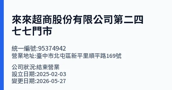 來來超商股份有限公司第二四七七門市的照片-統編 95374942(臺中市) 公司登記資料與營業項目詳細圖表