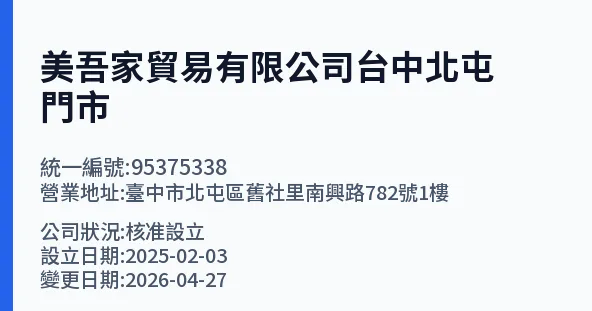 美吾家貿易有限公司台中北屯門市的照片-統編 95375338(臺中市) 公司登記資料與營業項目詳細圖表