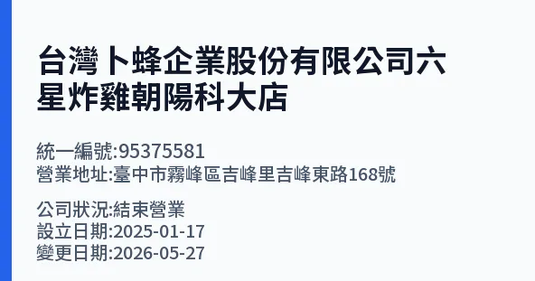 台灣卜蜂企業股份有限公司六星炸雞朝陽科大店的照片-統編 95375581(臺中市) 公司登記資料與營業項目詳細圖表
