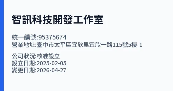 智訊科技開發工作室的照片-統編 95375674(臺中市) 公司登記資料與營業項目詳細圖表
