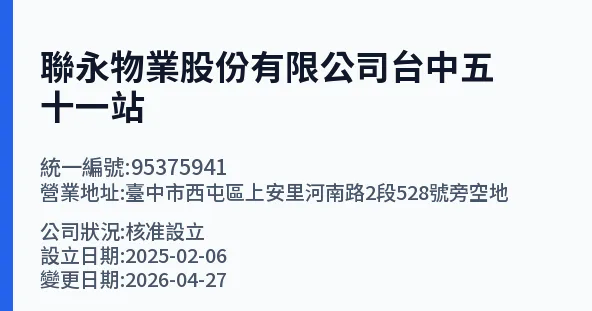 聯永物業股份有限公司台中五十一站的照片-統編 95375941(臺中市) 公司登記資料與營業項目詳細圖表