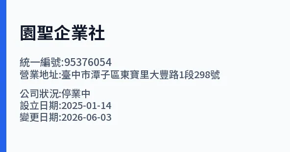 園聖企業社的照片-統編 95376054(臺中市) 公司登記資料與營業項目詳細圖表