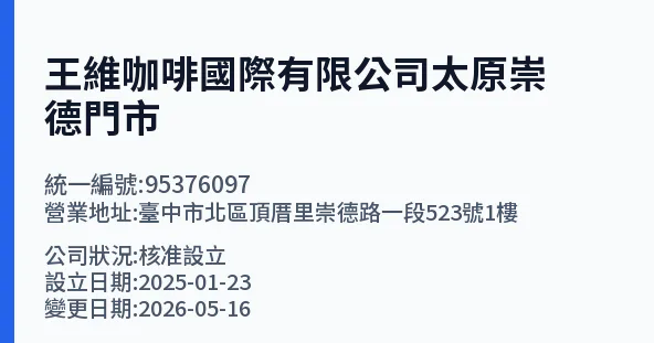 王維咖啡國際有限公司太原崇德門市的照片-統編 95376097(臺中市) 公司登記資料與營業項目詳細圖表
