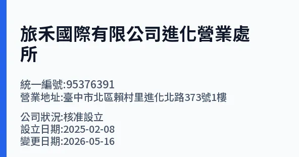 旅禾國際有限公司進化營業處所的照片-統編 95376391(臺中市) 公司登記資料與營業項目詳細圖表