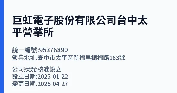 巨虹電子股份有限公司台中太平營業所的照片-統編 95376890(臺中市) 公司登記資料與營業項目詳細圖表