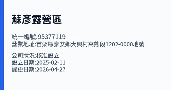 蘇彥露營區的照片-統編 95377119(苗栗縣) 公司登記資料與營業項目詳細圖表