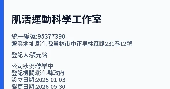肌活運動科學工作室的照片-統編 95377390(彰化縣) 公司登記資料與營業項目詳細圖表