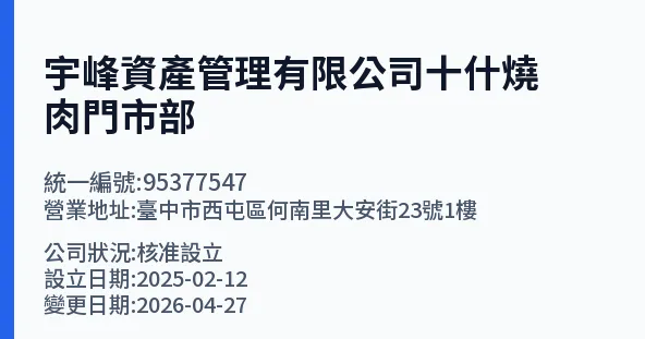 宇峰資產管理有限公司十什燒肉門市部的照片-統編 95377547(臺中市) 公司登記資料與營業項目詳細圖表