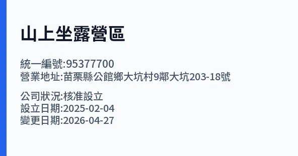 山上坐露營區的照片-統編 95377700(苗栗縣) 公司登記資料與營業項目詳細圖表