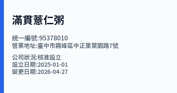 滿貫薏仁粥的照片-統編 95378010(臺中市) 公司登記資料與營業項目詳細圖表