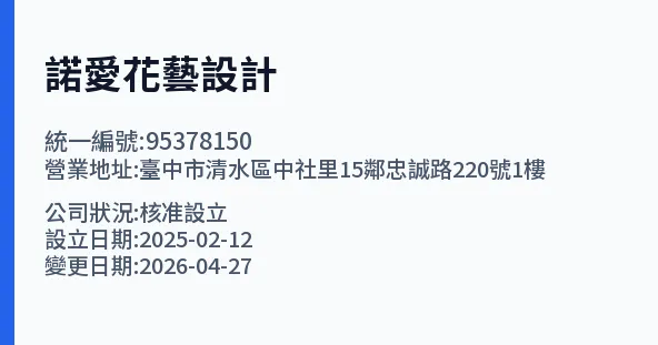 諾愛花藝設計的照片-統編 95378150(臺中市) 公司登記資料與營業項目詳細圖表
