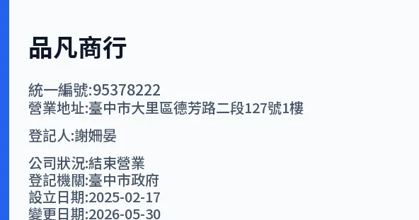 品凡商行的照片-統編 95378222(臺中市) 公司登記資料與營業項目詳細圖表