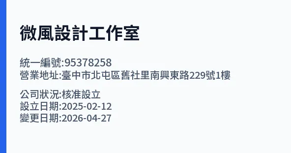 微風設計工作室的照片-統編 95378258(臺中市) 公司登記資料與營業項目詳細圖表