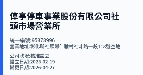 俥亭停車事業股份有限公司社頭市場營業所的照片-統編 95378996(彰化縣) 公司登記資料與營業項目詳細圖表