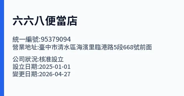 六六八便當店的照片-統編 95379094(臺中市) 公司登記資料與營業項目詳細圖表