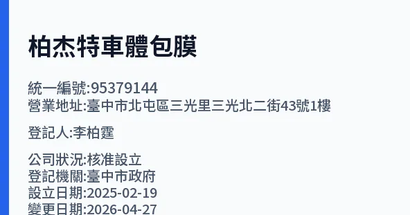 柏杰特車體包膜的照片-統編 95379144(臺中市) 公司登記資料與營業項目詳細圖表