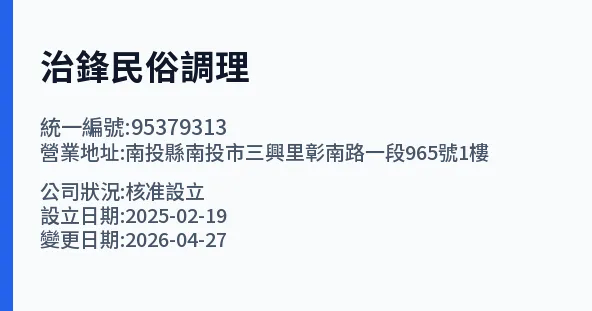 治鋒民俗調理的照片-統編 95379313(南投縣) 公司登記資料與營業項目詳細圖表
