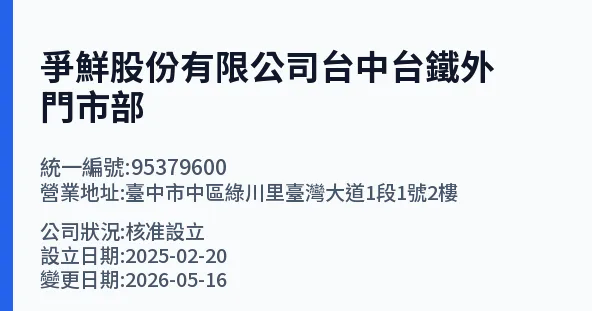 爭鮮股份有限公司台中台鐵外門市部的照片-統編 95379600(臺中市) 公司登記資料與營業項目詳細圖表