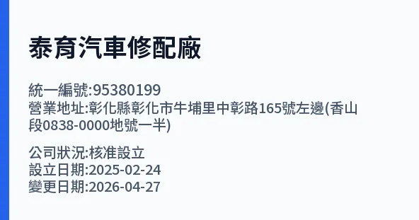 泰育汽車修配廠的照片-統編 95380199(彰化縣) 公司登記資料與營業項目詳細圖表