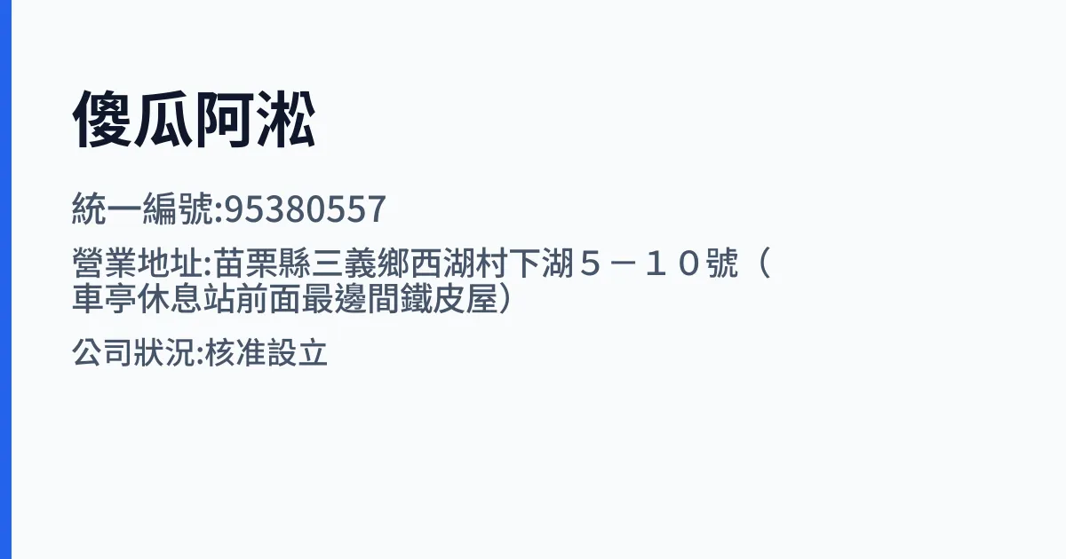 傻瓜阿淞 - 統編 95380557(苗栗縣) 公司登記資料與營業項目詳細圖表