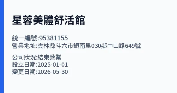星蓉美體舒活館的照片-統編 95381155(雲林縣) 公司登記資料與營業項目詳細圖表