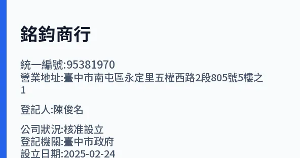 銘鈞商行的照片-統編 95381970(臺中市) 公司登記資料與營業項目詳細圖表