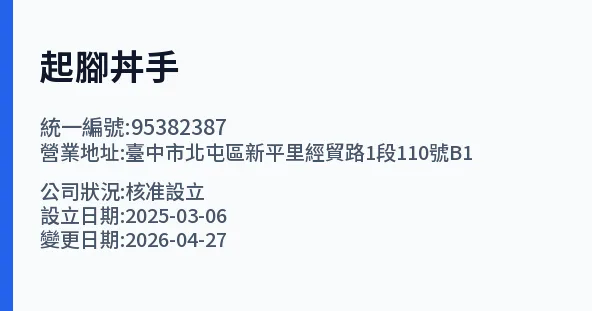 起腳丼手的照片-統編 95382387(臺中市) 公司登記資料與營業項目詳細圖表