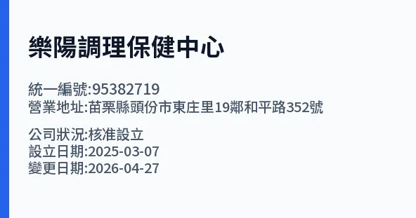 樂陽調理保健中心的照片-統編 95382719(苗栗縣) 公司登記資料與營業項目詳細圖表