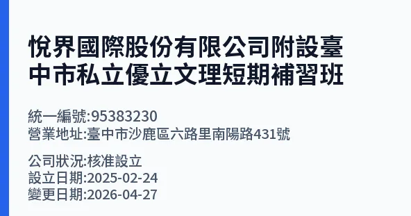 悅界國際股份有限公司附設臺中市私立優立文理短期補習班的照片-統編 95383230(臺中市) 公司登記資料與營業項目詳細圖表