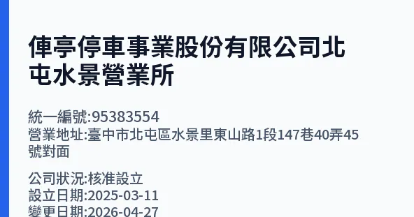 俥亭停車事業股份有限公司北屯水景營業所的照片-統編 95383554(臺中市) 公司登記資料與營業項目詳細圖表