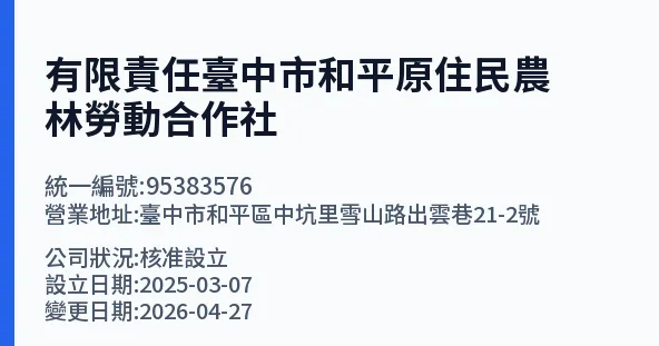 有限責任臺中市和平原住民農林勞動合作社的照片-統編 95383576(臺中市) 公司登記資料與營業項目詳細圖表