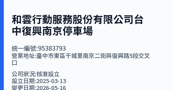 和雲行動服務股份有限公司台中復興南京停車場的照片-統編 95383793(臺中市) 公司登記資料與營業項目詳細圖表
