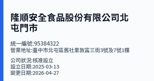 隆順安全食品股份有限公司北屯門市的照片-統編 95384322(臺中市) 公司登記資料與營業項目詳細圖表