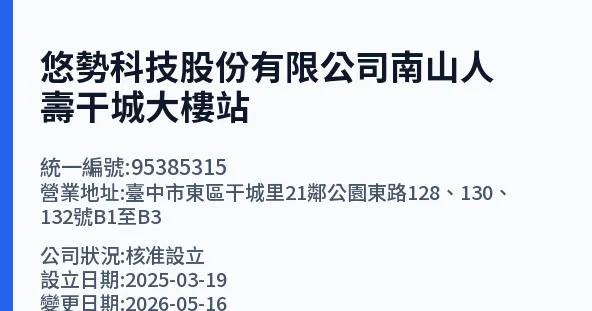 悠勢科技股份有限公司南山人壽干城大樓站的照片-統編 95385315(臺中市) 公司登記資料與營業項目詳細圖表