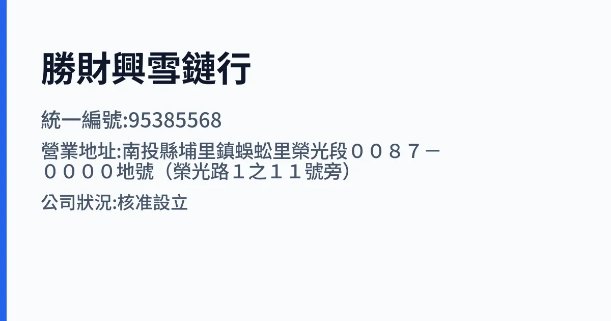 勝財興雪鏈行 - 統編 95385568(南投縣) 公司登記資料與營業項目詳細圖表