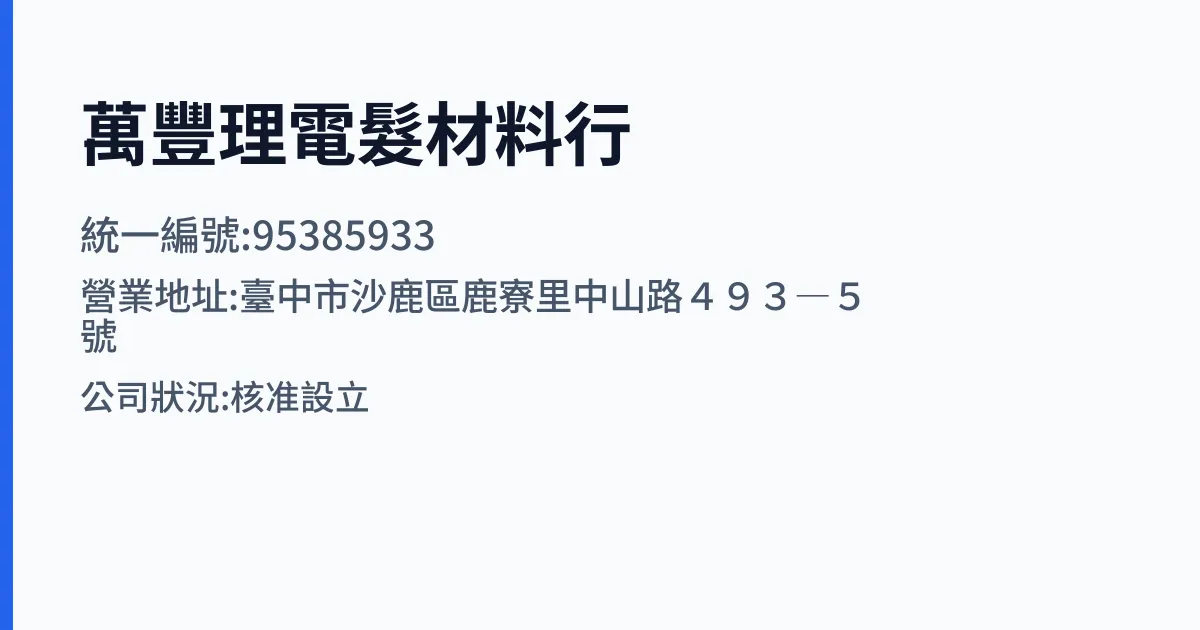 萬豐理電髮材料行 - 統編 95385933（臺中市） 公司登記資料與營業項目詳細圖表