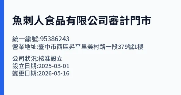 魚刺人食品有限公司審計門市的照片-統編 95386243(臺中市) 公司登記資料與營業項目詳細圖表
